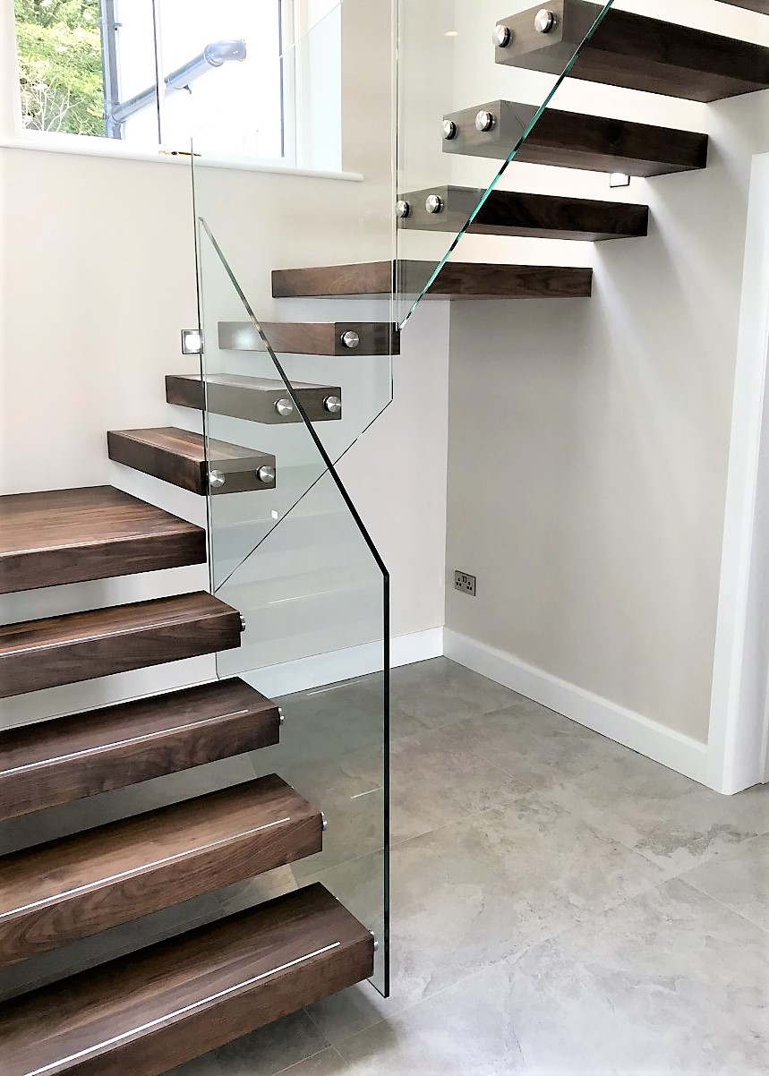 Floating Walnut Staircase with LED Lighting & Glass Balustrade ...