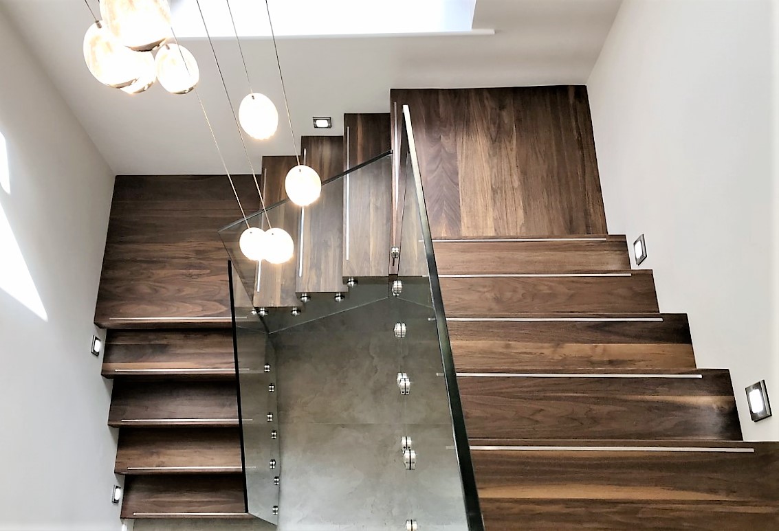 Floating Walnut Staircase with LED Lighting & Glass Balustrade ...