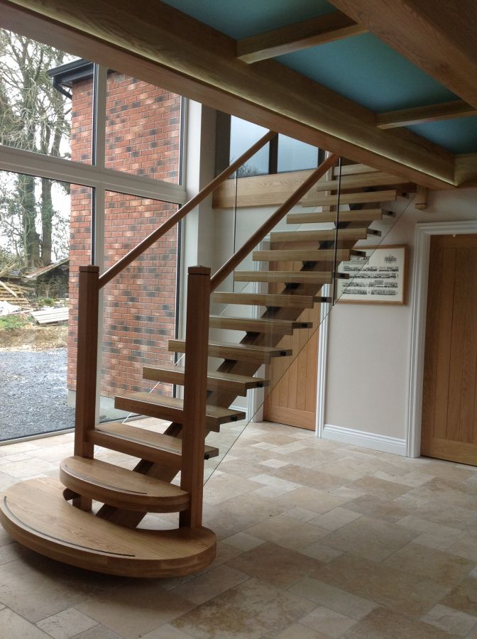 Oak Spine Stairs with Glass Balustrade and Landing - Custom Built ...
