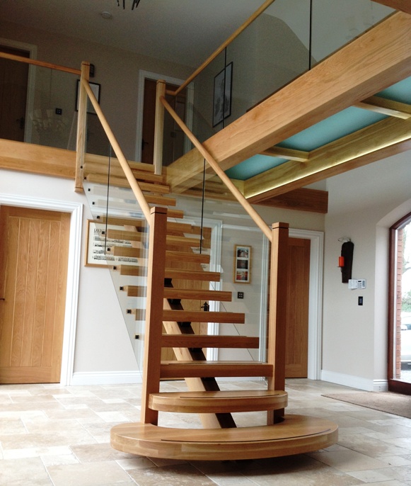 Oak Spine Stairs with Glass Balustrade and Landing - Custom Built ...