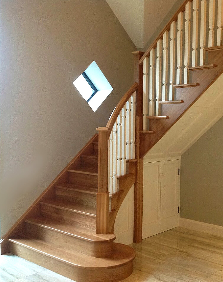 Contemporary white oak and ivory cut string flared timber stairs with ...